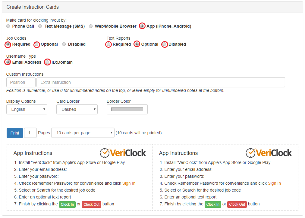 Instruction Cards For Clock in/out – VeriClock